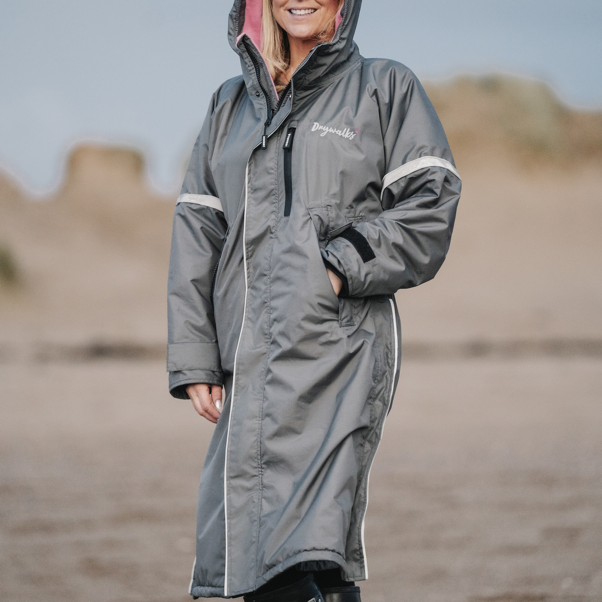 Drywalks | Lightweight Waterproof Coats for Dog Walkers | Grey & Pink